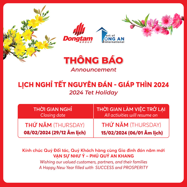 Announcement of the 2024 Tet Holiday Schedule - Long An International Port
